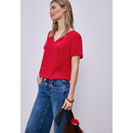 Kurzarmbluse Street One, Damen, Gr. 38, salsa rot, Stoff, 100% Viskose, unifarben, normal normal, Rundhals, abgesteppt, Blusen, mit geschlitztem Rundhalsausschnitt