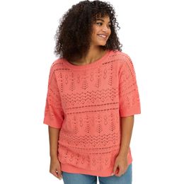 sheego Damen Kurzarmpullover aus Ajourstrick koralle Gr&ouml;&szlig;e 56/58