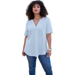 sheego Damen T-Shirt mit offenem V-Schlitz hellblau Gr&ouml;&szlig;e 52/54