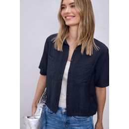 Hemdbluse Street One, Damen, Gr. 44, shadowed navy, Stoff, 88% Viskose, 12% Polyamid, unifarben, normal normal, V-Ausschnitt, B&uuml;ndchen, Blusen Hemdbluse, mit Materialmix