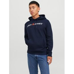 Jack & Jones Kapuzensweatshirt JACK & JONES "JJECORP Hoodie mit Logo und hohem Tragekomfort", Herren, Gr. M, blau (navy blazer), angeraute Sweatware, Obermaterial: 70% Baumwolle, 30% Polyester, bedruckt, normal normal, Rundhals, Rippb&uuml;ndchen, Sweatshirts, bedruckt, casual, regular fit, Baumwollmischung, Rundhals