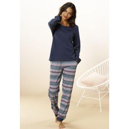 Pyjama Vivance Dreams, Damen, Gr. 44/46, blau (navy), Single Jersey, Obermaterial: 100% Baumwolle, ethno, Basic, loose fit lang, Rundhals, eingesetzt, Homewear-Sets Pyjama, mit buntem Zick-Zack-Muster, Topseller