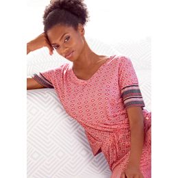 Pyjamaoberteil Vivance Dreams, Damen, Gr. 40/42, pink (pink gemustert), Single Jersey, Obermaterial: 100% Viskose, bequem taillenbedeckt, V-Ausschnitt, weit kontrastfarben, Shirts Pyjamaoberteil, in sch&ouml;nem Ethno-Design