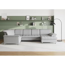 Wohnlandschaft DOMO collection "Franzi optional mit Bettfunktion, Bettkasten & Kopfteilverstellung", silber, B:352cm H:81cm T:214cm, Flachgewebe (100% Polyester);Chenille (100% Polyester), Sofas, Wohnlandschaft, U-Form, Recamiere rechts, silber, B/T: 352/214 cm