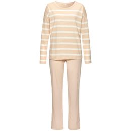 Pyjama s.Oliver, Damen, Gr. 32/34, beige (beige, wei&szlig;, gestreift), Single Jersey, Obermaterial: 60% Baumwolle, 40% Polyester, gestreift, unifarben, bequem lang, Rundhals, Homewear-Sets Pyjama, mit garngef&auml;rbten Streifen im Oberteil