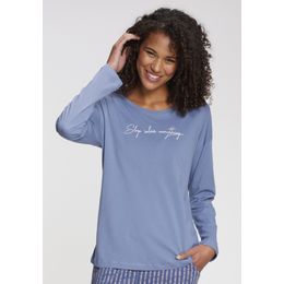 Pyjamaoberteil Vivance Dreams, Damen, Gr. 44/46, blau (hellblau), Single Jersey, Obermaterial: 50% Baumwolle, 50% Viskose, unifarben, Basic, Basic, Rundhals, Shirts Pyjamaoberteil, mit kleinem Frontprint
