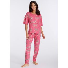 Pyjama Vivance Dreams, Damen, Gr. 52/54, pink (pink, gemustert), Single Jersey, Obermaterial: 60% Baumwolle, 40% Polyester, loose fit lang, Rundhals, angeschnitten, Homewear-Sets Pyjama, mt Animal Alloverprint