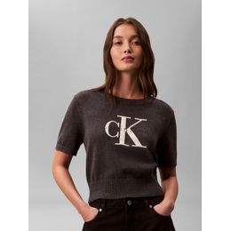 Kurzarmpullover Calvin Klein Jeans, Damen, Gr. L (42), charcoal heather, Strick, Obermaterial: 100% Baumwolle, unifarben, regular fit taillenbedeckt, Rundhals, eingesetzt Rippstrickb&uuml;ndchen, Pullover Kurzarmpullover, Regular fit, mit Rundhalsausschnitt