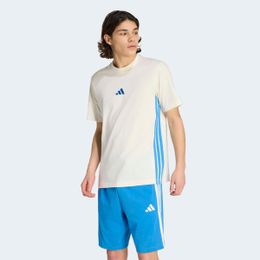 T-Shirt adidas Sportswear "ESSENTIALS 3-STREIFEN SINGLE JERSEY", Herren, Gr. M, sanftes wei&szlig;, ray blau, Obermaterial: 100% Baumwolle, normal, Rundhals, Shirts T-Shirt, mit Rundhalsausschnitt, aus Baumwolle, weiches Single Jersey
