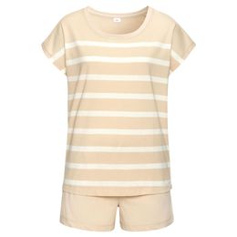Shorty s.Oliver, Damen, Gr. 32/34, beige (beige, wei&szlig;, gestreift), Single Jersey, Obermaterial: 60% Baumwolle, 40% Polyester, gestreift, unifarben, loose fit kurz, Rundhals, angeschnitten, Homewear-Sets Shorty, mit garngef&auml;rbten Streifen im Oberteil