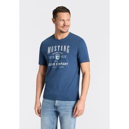 Kurzarmshirt Mustang "Alex Logoprint", Damen, Gr. XL, schwarz denim, Jersey, Obermaterial: 100% Baumwolle, bedruckt, normal h&uuml;ftbedeckend, Rundhals, Shirts Kurzarmshirt, kurzarm, mit Logoprint