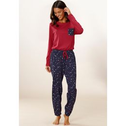 Pyjama Vivance Dreams, Damen, Gr. 52/54, rot (rot, navy), Single Jersey, Obermaterial: 100% Baumwolle, bequem lang, Rundhals, Homewear-Sets Pyjama, mit niedlichem Herzen-Sterne-Druck, Topseller