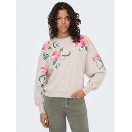 Sweatshirt Only "ONLBROOKE L/S O-NECK FLOWER SWT", Damen, Gr. XS, pumice stone detail:frilly flowers, Sweatware, Obermaterial: 60% Baumwolle, 40% Polyester, regular fit normal, Rundhals, Rippb&uuml;ndchen, Sweatshirts Sweatshirt, Baumwollmischung, regular fit