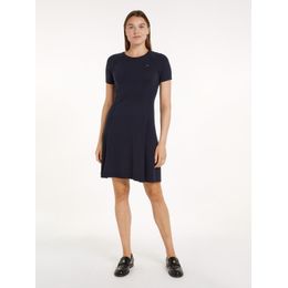Jerseykleid Tommy Hilfiger "CO JERSEY STITCH F&F DRESS", Damen, Gr. XXL (44), N-Gr, blau (desert sky), Jersey, Obermaterial: 67% Baumwolle, 33% Polyamid, unifarben, figurbetont Midi, Rundhals, Rippstrickb&uuml;ndchen, Kleider Jerseykleid, mit Logostickerei auf der Brust