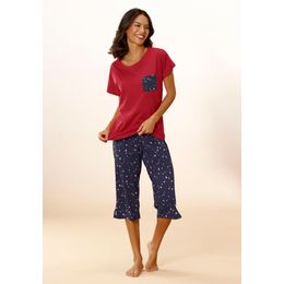 Capri-Pyjama Vivance Dreams, Damen, Gr. 40/42, rot (rot, navy), Single Jersey, Obermaterial: 100% Baumwolle, Basic, bequem 3/4-L&auml;nge, Rundhals, angeschnitten, Homewear-Sets Capri-Pyjama, mit niedlichem Herzen-Sterne-Druck, Topseller