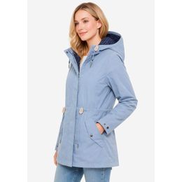 Outdoorjacke Kangaroos, Damen, Gr. 48, mittel blau, Web, Obermaterial: 100% Polyester. Futter: 100% Polyester. Futter Oberteil: 65% Polyester, 35% Baumwolle. Kapuzenfutter: 65% Polyester, 35% Baumwolle, gemustert, kontrastfarbene Details, unifarben, Basic schmal ca. Mitte Oberschenkel, mit Riegel,verstellbar, Jacken Outdoorjacke, &Uuml;bergangsjacke mit Kapuze und Kordelzug