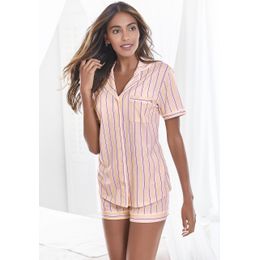 Shorty s.Oliver, Damen, Gr. 36/38, rosa (hellrosa, allover), Single Jersey, Obermaterial: 50% Baumwolle, 50% Viskose, bedruckt, gestreift, klassisch kurz, V-Ausschnitt, eingesetzt,mit Paspel Manschette, Homewear-Sets Shorty, mit Knopfleiste und Brusttasche