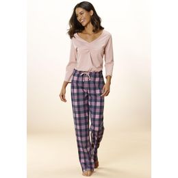 Pyjama Vivance Dreams, Damen, Gr. 48/50, bunt (hellrosa, navy), Single Jersey, Obermaterial: 100% Baumwolle, kariert, lang, V-Ausschnitt, eingesetzt, Homewear-Sets Pyjama, mit Karo Muster