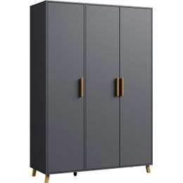 Dreht&uuml;renschrank Rauch "Kleiderschrank Schrank Garderobe SHINJO Breiten 93/140/187 cm", grau (graumetallic), B:140cm H:203cm T:53cm, Holzwerkstoff, Schr&auml;nke, Dreht&uuml;renschrank, Griffe und F&uuml;&szlig;e aus Massivholz, viel Stauraum MADE IN GERMANY