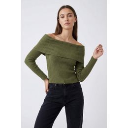 Strickpullover Only "ONLKATIA LIFE LS OFF SHOULDER KNT NOOS", Damen, Gr. S, sphagnum detail:melange, Strick, Obermaterial: 50% Viskose, 27% Nylon, 23% Polyester, meliert, regular fit normal, Carmenausschnitt, Pullover Strickpullover, Viskosemischung, regular fit