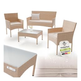 Juskys Polyrattan Gartenm&ouml;bel-Set Fort Myers creme mit Tisch, Sofa, 2 St&uuml;hle & Auflagen in sand