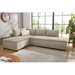Jockenh&ouml;fer Ecksofa JOCKENH&Ouml;FER GRUPPE "Madrid L-Form, B: 306 cm, Liegefl. 180x200 cm, Dauerschl&auml;fer", grau (grau, beige), B:306cm T:106cm, Korpus: 100% Polyester;Kissen: 100% Polyester, Sofas, Ecksofa, mit Bettfuntkion, Bettkasten, Topper & Regal, Boxspringbettaufbau