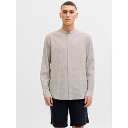 Jack & Jones Langarmhemd JACK & JONES "JJEBREEZE LINEN BLEND BAND SHIRT L/S SN", Herren, Gr. L, N-Gr, string, Web, Obermaterial: 70% Baumwolle, 30% Leinen, unifarben, Hemden Langarmhemd, mit Stehkragen