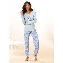 Pyjama Vivance Dreams, Damen, Gr. 56/58, blau (hellblau), Single Jersey, Obermaterial: 100% Baumwolle, bequem lang, Rundhals, Rippb&uuml;ndchen, Homewear-Sets Pyjama, mit s&uuml;&szlig;em B&auml;rchendruck, Topseller