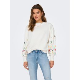 Sweatshirt Only "ONLBROOKE L/S O-NECK FLOWER SWT", Damen, Gr. S, wei&szlig; (cloud dancer print:sleeve flower), Sweatware, Obermaterial: 60% Baumwolle, 40% Polyester, gebl&uuml;mt, regular fit normal, Rundhals, Rippb&uuml;ndchen, Sweatshirts Sweatshirt, Baumwollmischung, regular fit, Topseller