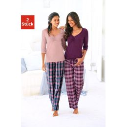 Pyjama Vivance Dreams, Damen, Gr. 52/54, bunt (rosa, kariert, bordeaux, kariert), Single Jersey, Obermaterial: 100% Baumwolle, gemustert, unifarben, Basic, lang, Homewear-Sets Pyjama, mit karierter Hose, Topseller