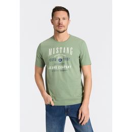 Kurzarmshirt Mustang "Alex Logoprint", Damen, Gr. XL, sea spray, Jersey, Obermaterial: 100% Baumwolle, bedruckt, normal h&uuml;ftbedeckend, Rundhals, Shirts Kurzarmshirt, kurzarm, mit Logoprint