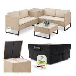 Juskys Polyrattan Lounge Santorini inkl. Abdeckung - Outdoor Sitzecke mit Beistelltisch & Auflagenbox - Creme