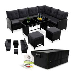 Juskys Gartenlounge Manacor schwarz - Sofa, Tisch, Hocker & Kissen inkl. Abdeckung - 8 Personen - Sitzbez&uuml;ge in Grau