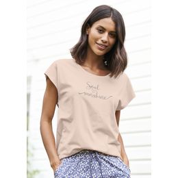 T-Shirt Vivance Dreams, Damen, Gr. 36/38, rot (apricot), Single Jersey, Obermaterial: 50% Baumwolle, 50% Viskose, bedruckt, unifarben, loose fit h&uuml;ftlang, Rundhals, angeschnitten, Shirts T-Shirt, mit Sommer-Statementdruck