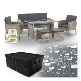 Juskys Polyrattan Gartenm&ouml;bel Sitzgruppe Turin Set 6 teilig inkl. Abdeckung - Outdoor M&ouml;bel mit Tisch &ndash; Lounge grau-meliert