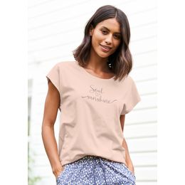 T-Shirt Vivance Dreams, Damen, Gr. 40/42, rot (apricot), Single Jersey, Obermaterial: 50% Baumwolle, 50% Viskose, bedruckt, unifarben, loose fit h&uuml;ftlang, Rundhals, angeschnitten, Shirts T-Shirt, mit Sommer-Statementdruck