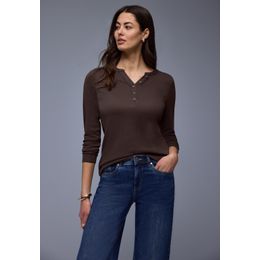Langarmshirt Street One, Damen, Gr. 36, molten earth, Jersey, Obermaterial: 50% Baumwolle, 50% Modal, unifarben, tailliert h&uuml;ftbedeckend, V-Ausschnitt, B&uuml;ndchen, Shirts Langarmshirt, mit dekorativem Split Neck und Knopfleiste