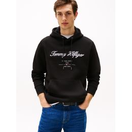 Hoodie Tommy Hilfiger "SCRIPT LOGO HOODY", Herren, Gr. M, schwarz, Sweatware, Obermaterial: 63% Baumwolle, 37% Polyester, regular fit h&uuml;ftlang, Rippb&uuml;ndchen, Sweatshirts Hoodie, mit aufgesticktem Logo