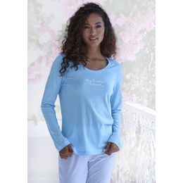 Pyjamaoberteil s.Oliver, Damen, Gr. 40/42, blau (himmelblau), Single Jersey, Obermaterial: 50% Baumwolle, 50% Viskose, unifarben, bequem h&uuml;ftlang, Rundhals, eingesetzt abgesteppt, Shirts Pyjamaoberteil, mit Frontdruck