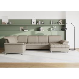 Wohnlandschaft DOMO collection "Franzi optional mit Bettfunktion, Bettkasten & Kopfteilverstellung", braun (schlamm), B:352cm H:81cm T:214cm, Flachgewebe (100% Polyester);Chenille (100% Polyester), Sofas, Wohnlandschaft, U-Form, Recamiere rechts, schlamm, B/T: 352/214 cm