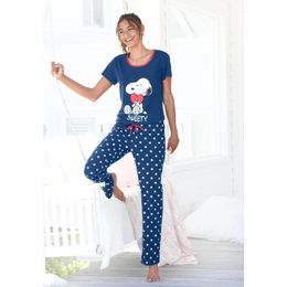 Pyjama PEANUTS, Damen, Gr. 36/38, blau (blau, gepunktet), Single Jersey, Obermaterial: 100% Baumwolle, bedruckt, gepunktet, Basic, bequem lang, Rundhals, eingesetzt, Homewear-Sets Pyjama, mit Snoopy-Druck und P&uuml;nktchen-Hose, Topseller