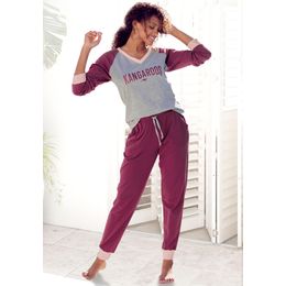 Pyjama Kangaroos, Damen, Gr. 40/42, rot (bordeaux, grau, meliert), Single Jersey, Graumeliert (Obermaterial): 90% Baumwolle, 10% Polyester. Obermaterial: 100% Baumwolle, bedruckt, bequem lang, V-Ausschnitt, Raglan&auml;rmel Rippb&uuml;ndchen kontrastfarben, Homewear-Sets Pyjama, mit kontrastfarbenen Raglan&auml;rmeln