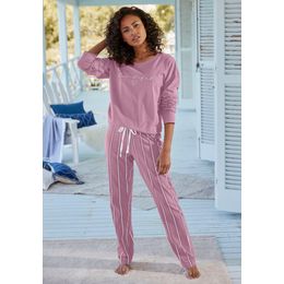 Pyjama Vivance Dreams, Damen, Gr. 32/34, rot (mauve gestreift), Single Jersey, Obermaterial: 100% Baumwolle, Basic, bequem lang, Rundhals, Homewear-Sets Pyjama, mit Frontdruck