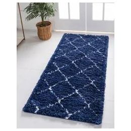 Hochflor-L&auml;ufer "Temara Shag, LAGERR&Auml;UMUNG", blau (marineblau, elfenbeinfarben), B:79cm H:51mm L:305cm, Polypropylen (PP), MyFlair M&Ouml;BEL & ACCESSOIRES, Teppiche, Teppich-L&auml;ufer, gewebt, Rauten Design, weich & kuschelig