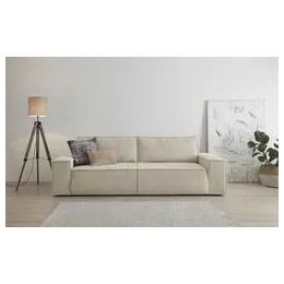 3-Sitzer Home Affaire "SHERWOOD Schlafsofa (257cm) Cord, Samtvelours, Vintage-Lederoptik", beige (hellbeige), B:257cm H:85cm T:106cm, 100% Polyester, Sofas, Schlaffunktion mit Bettkasten (ca. 136/200cm)