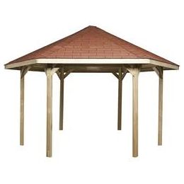 Pavillon Weka "656 Gr.2, inkl. roten Dachschindeln", braun (natur), B/H/T: 399cm x 461cm, Pavillons, 19 mm Massivholzdach