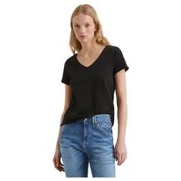 Marc O'Polo T-Shirt MARC O'POLO DENIM, Damen, Gr. XS, schwarz, Jersey, Obermaterial: 100% Baumwolle, figurbetont h&uuml;ftlang, tiefer V-Ausschnitt, geschnittene Kante, Shirts T-Shirt, mit abgerundetem V-Neck