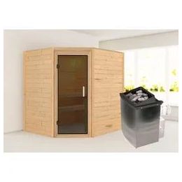 Sauna Karibu "Mia (Fronteinstieg)", beige (naturbelassen), (ohne Ofen), Saunen, Ofen 9 kW integr. Strg