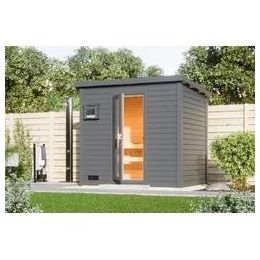 Saunahaus Karibu "Talo 3", grau (terragrau), Saunaofen, externe Steuerung, (ohne Ofen), Saunen, Ofen 9 KW externe Strg easy