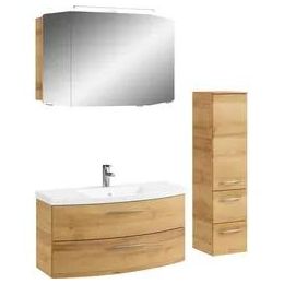 Badm&ouml;bel-Set SAPHIR "Cassca Sprint 3-teilig Mineralmarmor-Waschtisch mit LED-Spiegelschrank", braun (riviera eiche quer nachbildung), B:131cm H:200cm T:50,5cm, Holzwerkstoff, Kastenm&ouml;bel-Sets, Badm&ouml;bel-Set, Midischrank, inkl. T&uuml;rd&auml;mpfer, 4 T&uuml;ren, 4 Schubladen